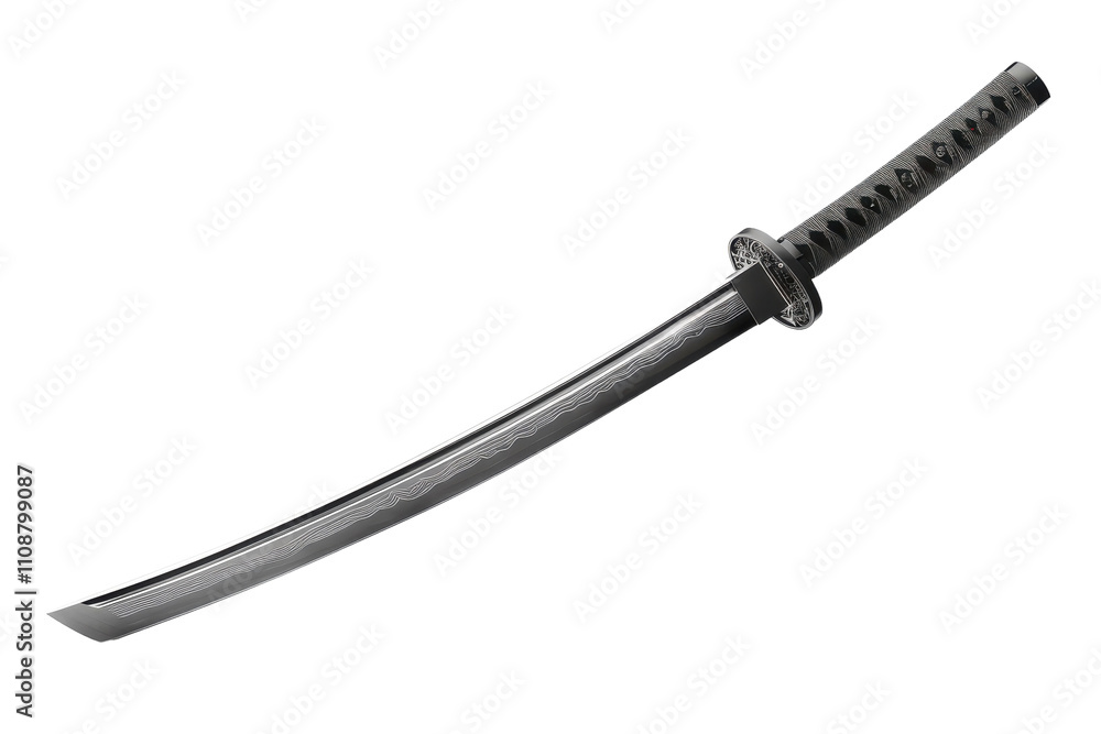 Curved blade sword with intricate detailing on the handle and blade ...