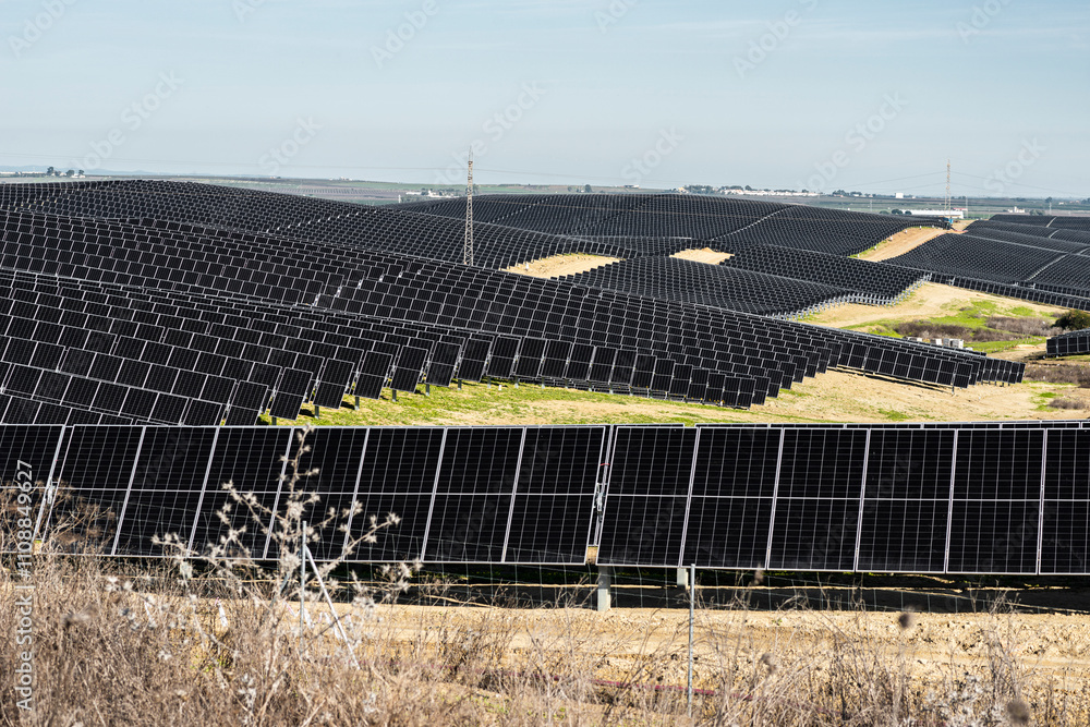 Photovoltaic solar panels on a sloping field for clean energy ...