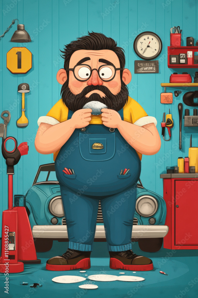 Grumpy. A cartoon mechanic with glasses, standing in a garage ...