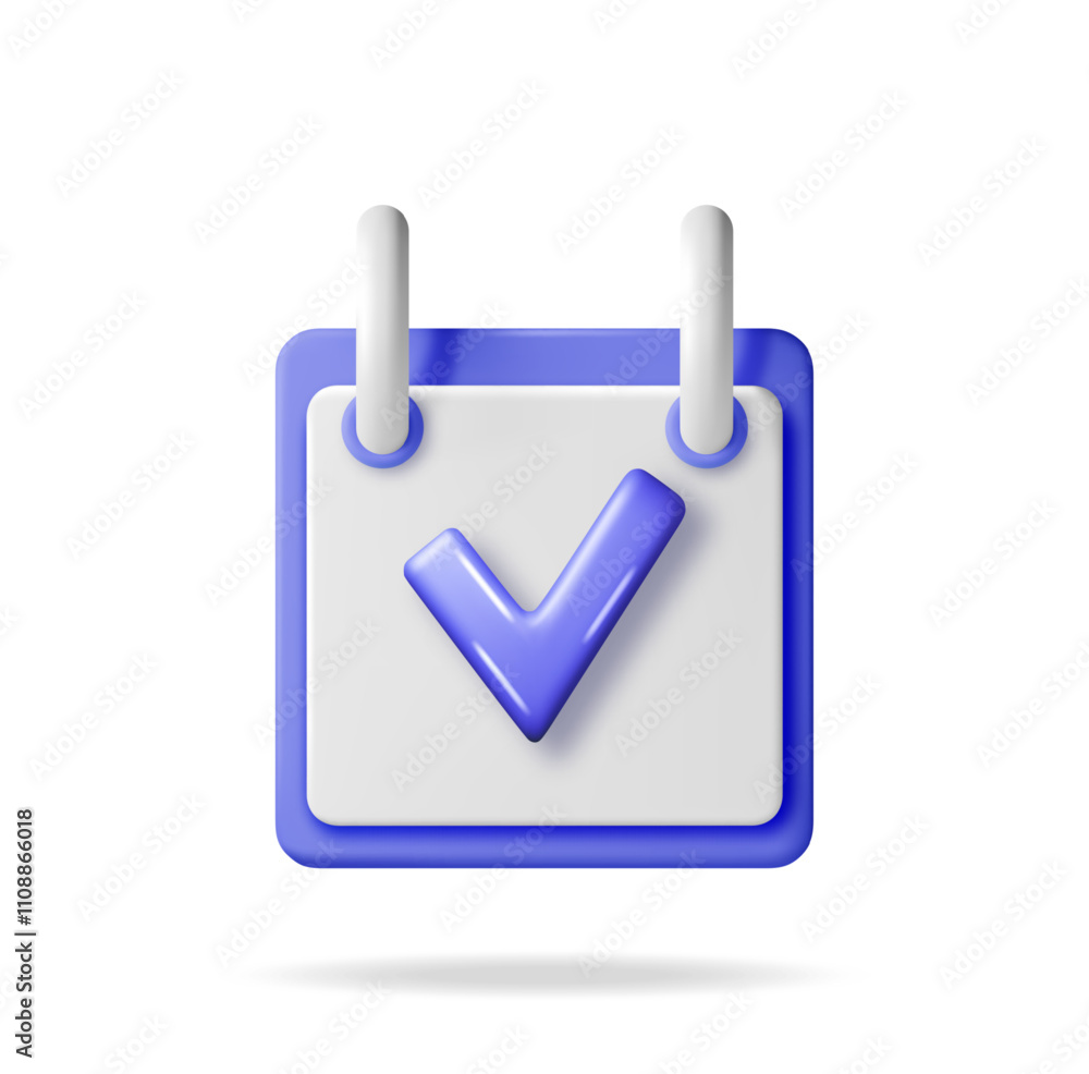 3D paper spiral wall calendar and check mark. Render calendar icon with ...