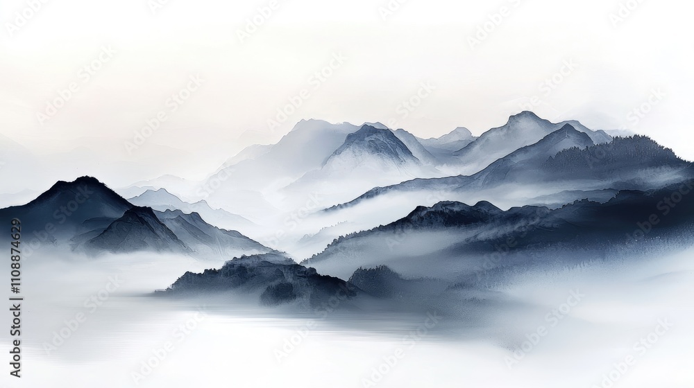 Zen-inspired ink wash landscape with misty mountains and reflections ...