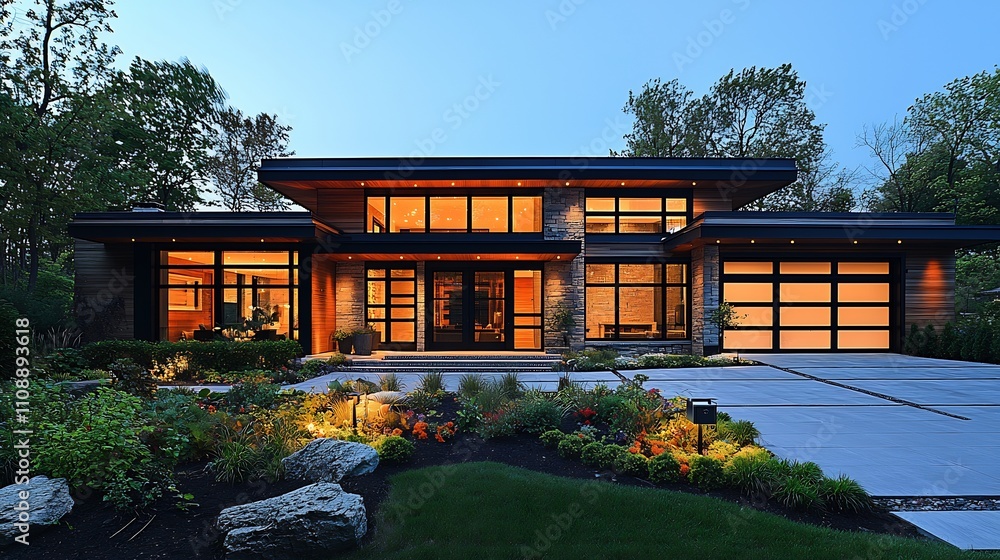 Sleek modern home transom windows above entry doors captured at dusk ...