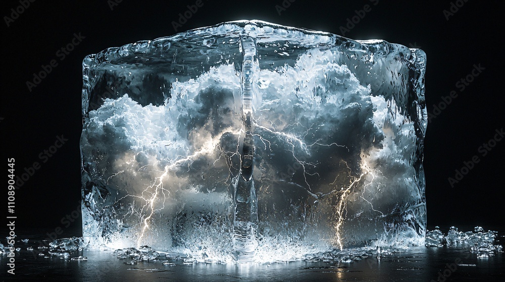 Giant ice cube with swirling clouds and lightning effect in a dark ...