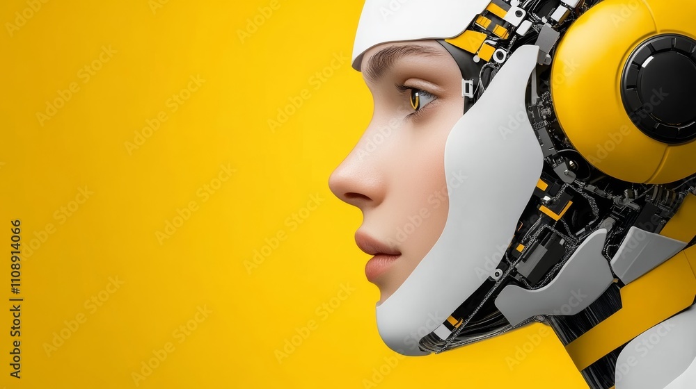 Woman's face is shown in a yellow background with a robotic mask. The ...