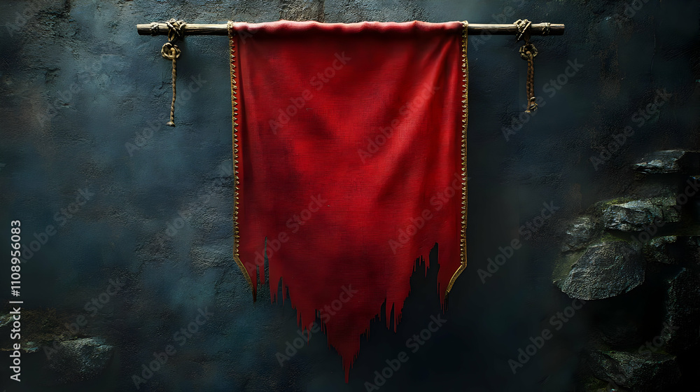 Red Banner Hangs, Ancient Stone Wall Background: Medieval History ...