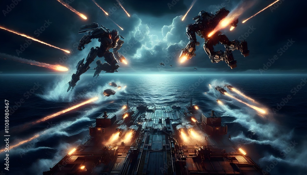 Mech Warship Battle: Mechs fight over a warship under fire at sea ...