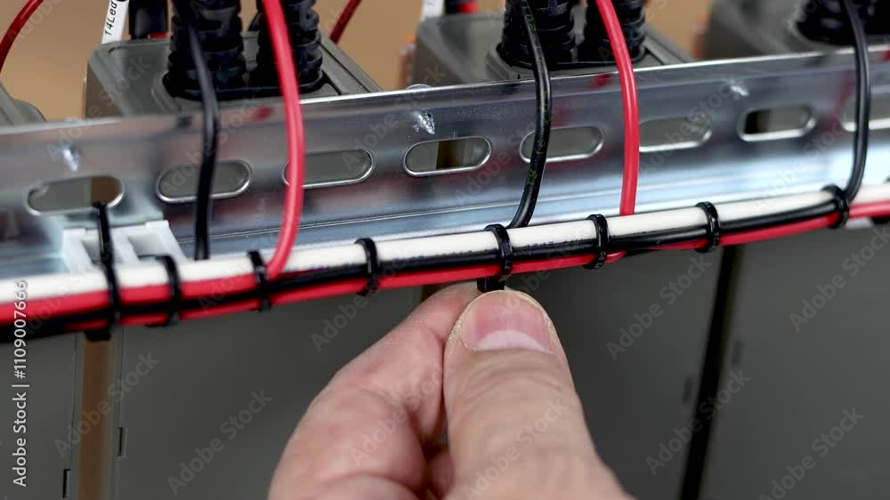 Installing a plastic clamp on electrical wires and trimming it with ...
