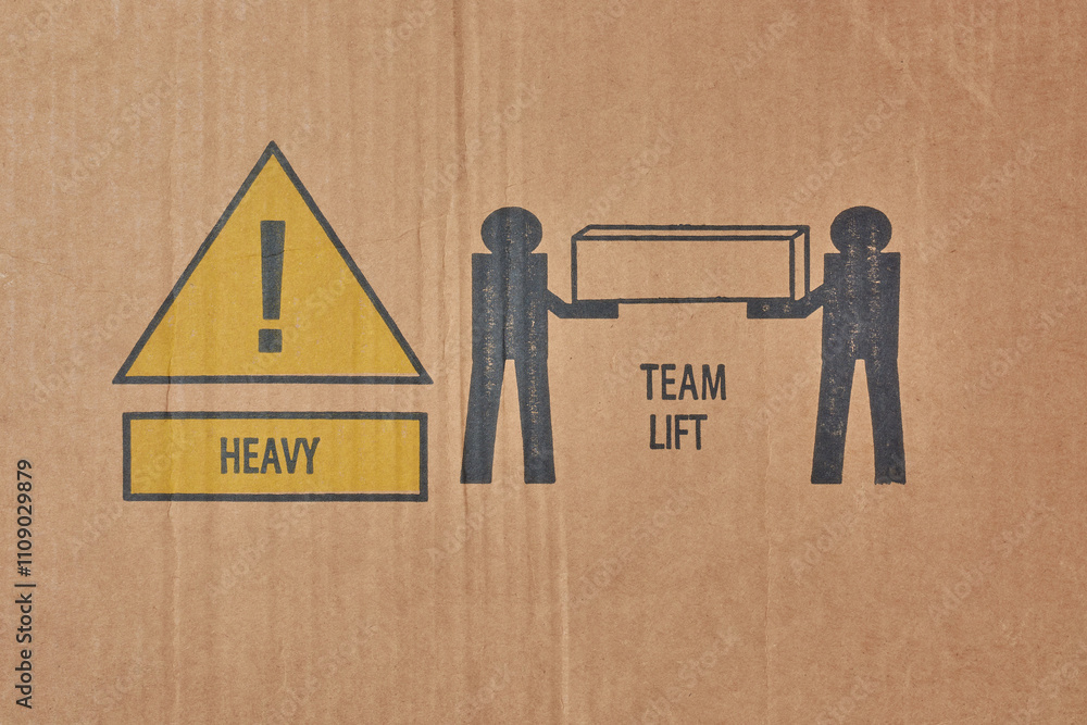 two shipping symbols printed on cardboard box, heavy and team lift ...