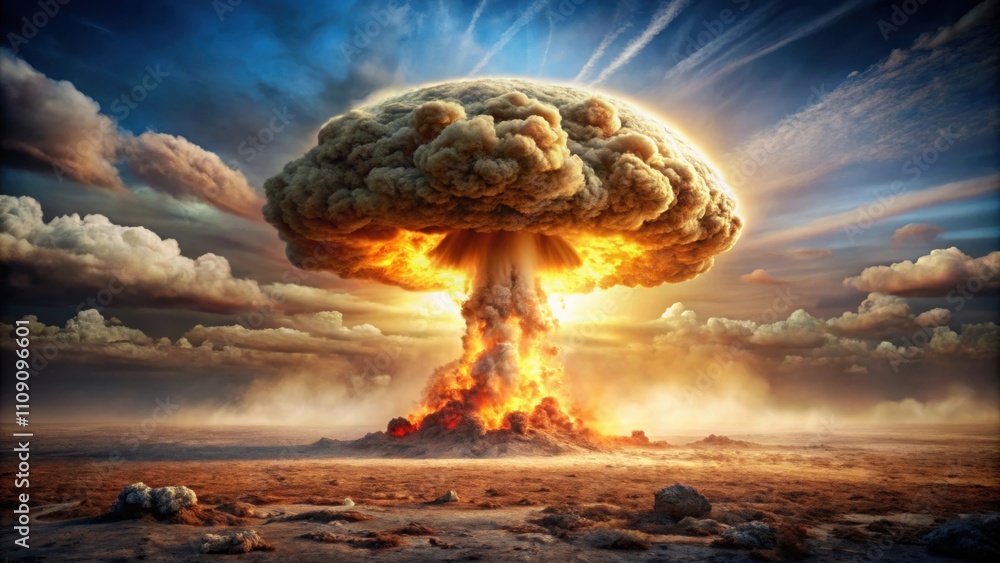 Atomic bomb explosion with a powerful shock wave and mushroom cloud ...