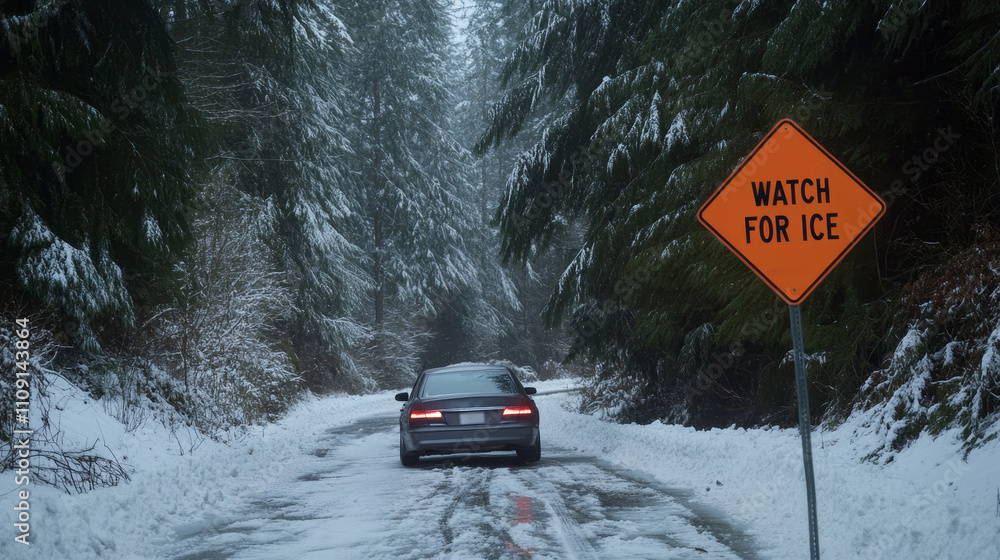 A car that has slid into the ditch on an icy road, with an orange ...