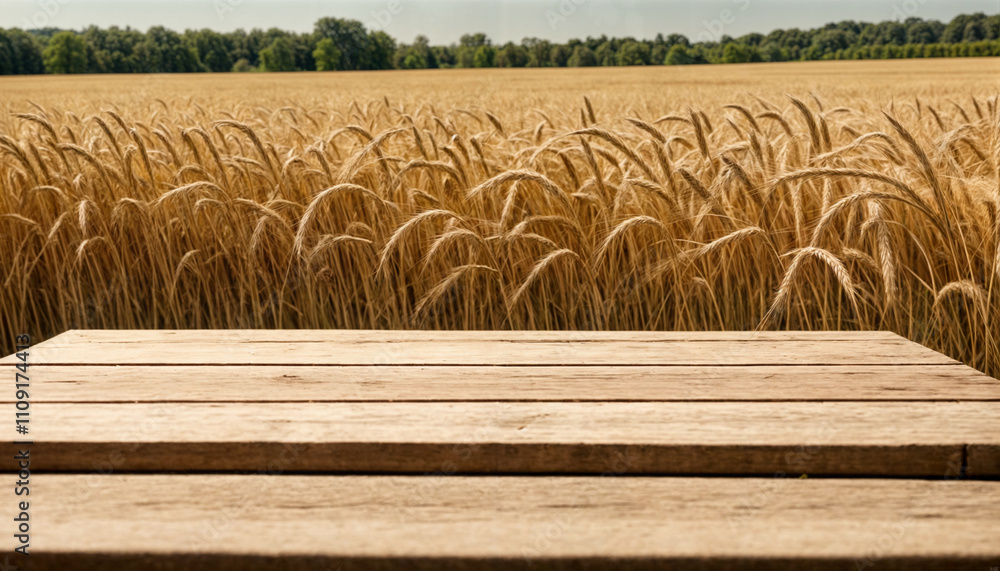 Empty wooden table with wheat field background, product display montage ...