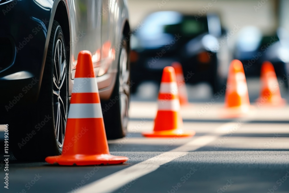 Driving School Car Maneuvers with Cones - Car parked near traffic cones ...