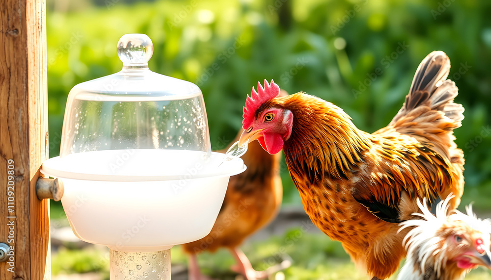 chicken drinking water from a drinker at chicken eco farm, free range ...