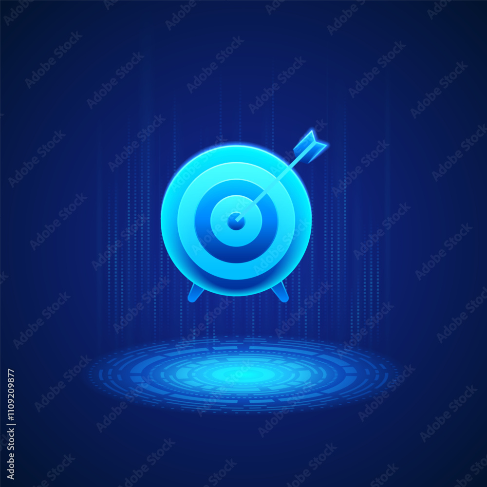 Glowing blue bullseye target with an arrow hitting the center, set ...