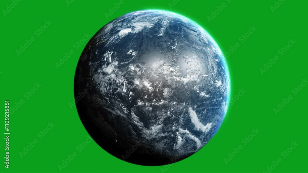 Partially lit planet Earth rotating 360 degrees with night lights from ...