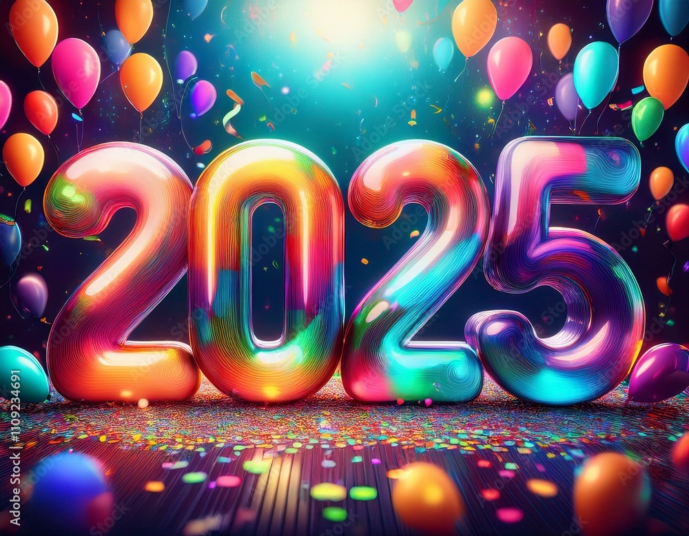 Des chiffres lumineux de 2025 flottant dans l'air, entourés de lumières ...