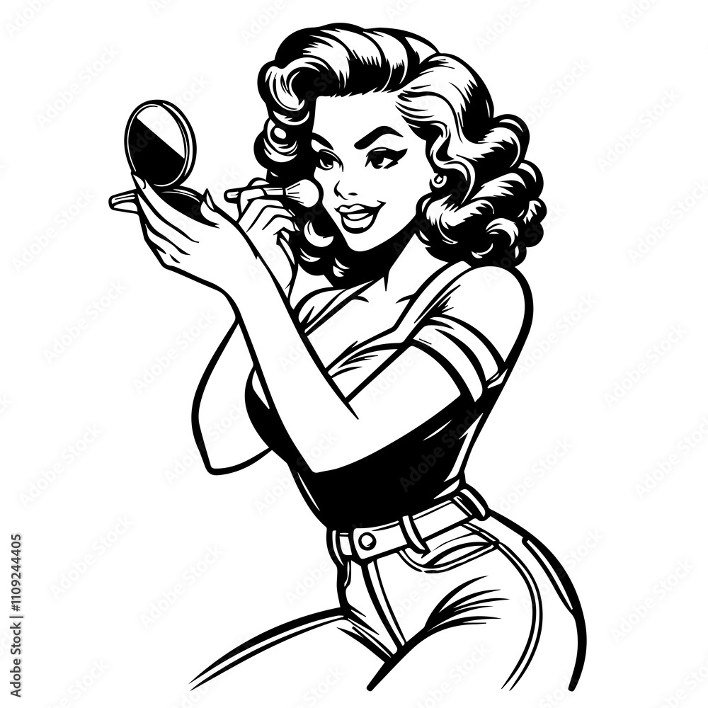 beauty pin-up girl illustration makeup doing makeup painting mirror ...