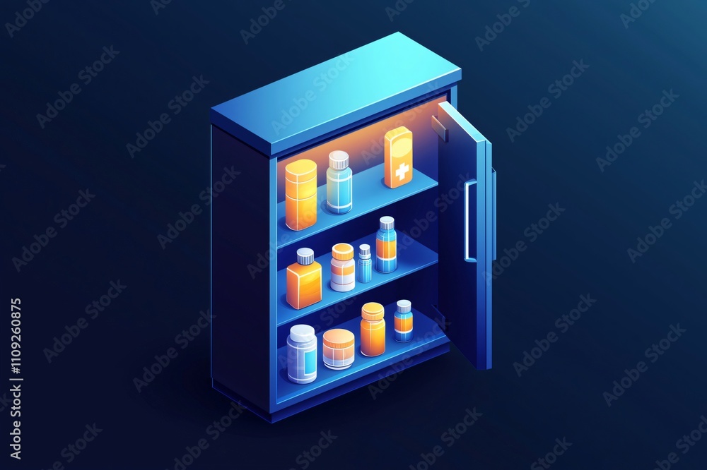 Isometric illustration of a medicine cabinet with its door open ...