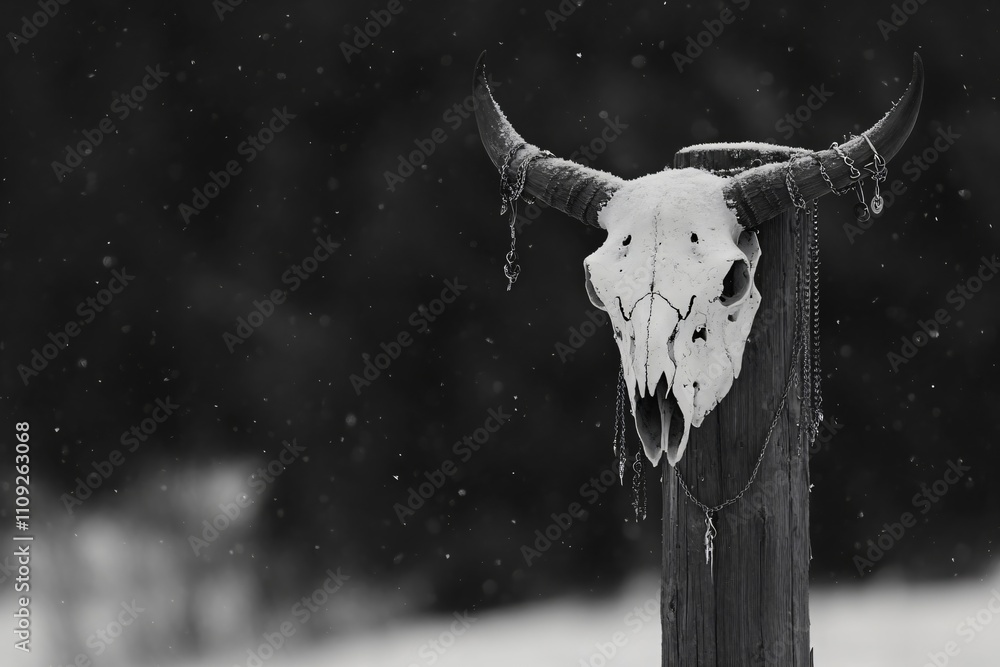 Elk or deer skull with horns hanging on a pole. Sacred pagan totem ...
