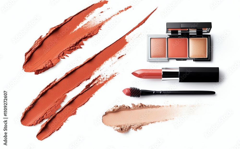 Elegant display of modern cosmetic products including lipstick, lip ...