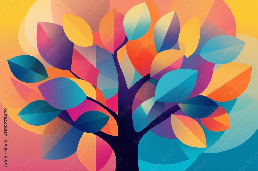 Abstract tree illustration with colorful leaves and geometric shapes ...