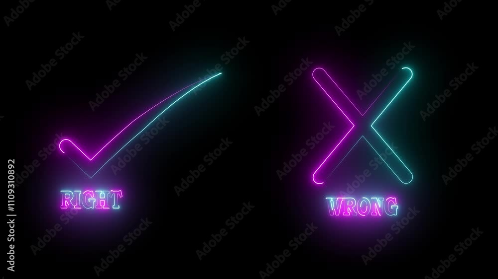 Video footage of glowing Check mark neon icon purple aquamarine color ...