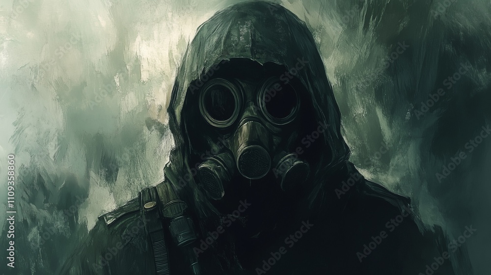 A hooded figure wearing a gas mask depicted in a haunting portrait. The ...