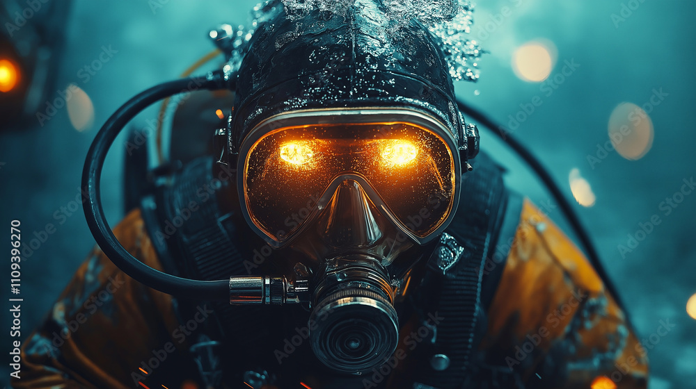 Intense moment of an industrial diver working underwater in low ...