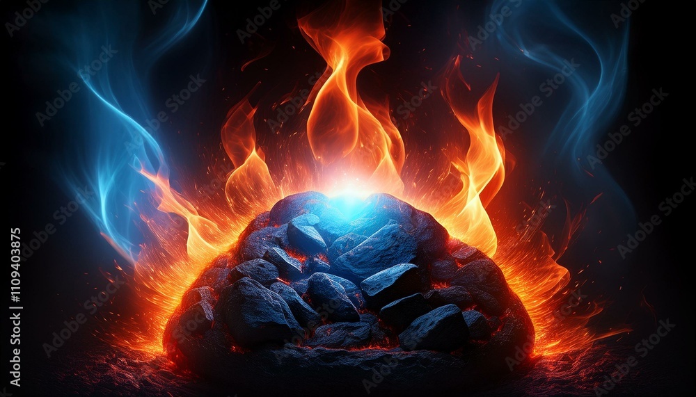 Blazing red and blue flame and fire burning with round pebble rocks ...
