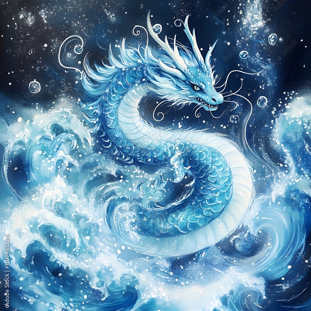 Majestic Blue Dragon in Ocean Waves Fantasy Art Mythical Creature Water ...