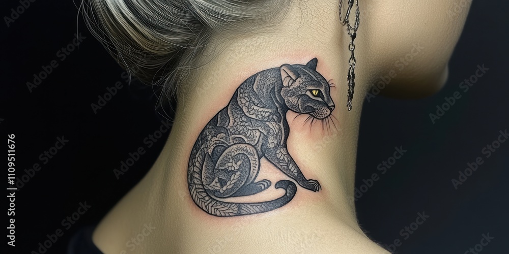 Intricate black cat tattoo gracefully adorning the nape of a woman\'s ...