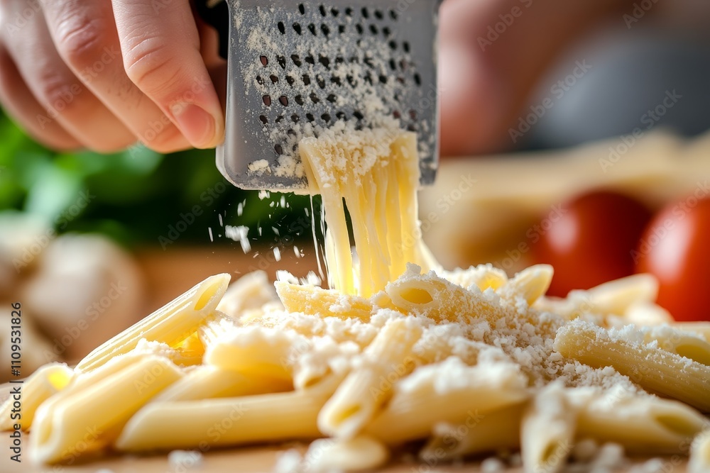 Chef grating hard cheese on pasta - Delicious pasta dish, freshly ...