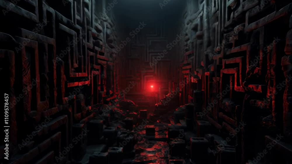 Dark scary maze, strange creepy stone labyrinth, underground surreal ...