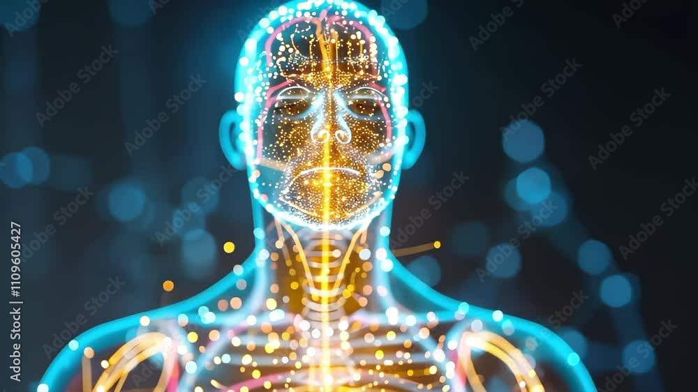 A glowing, digital representation of a human body highlighting the ...