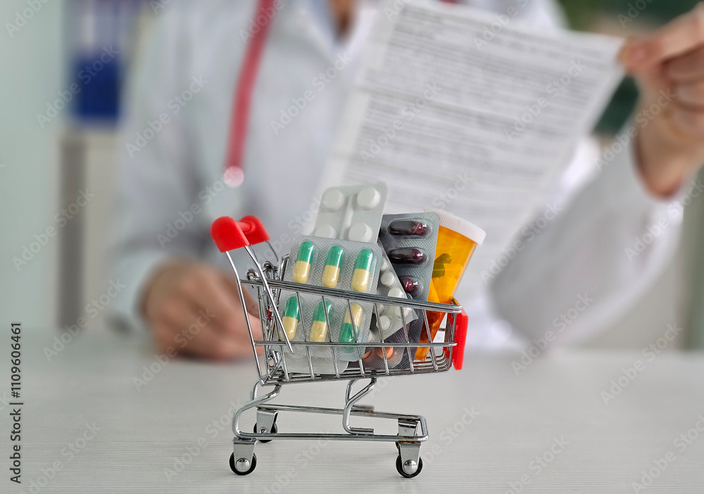 Shopping trolley filled with medicines near doctor holding prescription ...