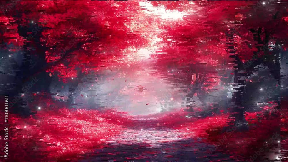 A magical trail surrounded by vivid red foliage invites exploration and ...