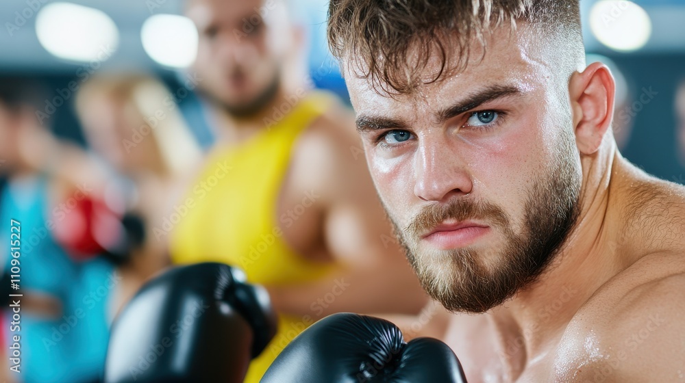 A determined boxer with gloves focuses intently, surrounded by fellow ...