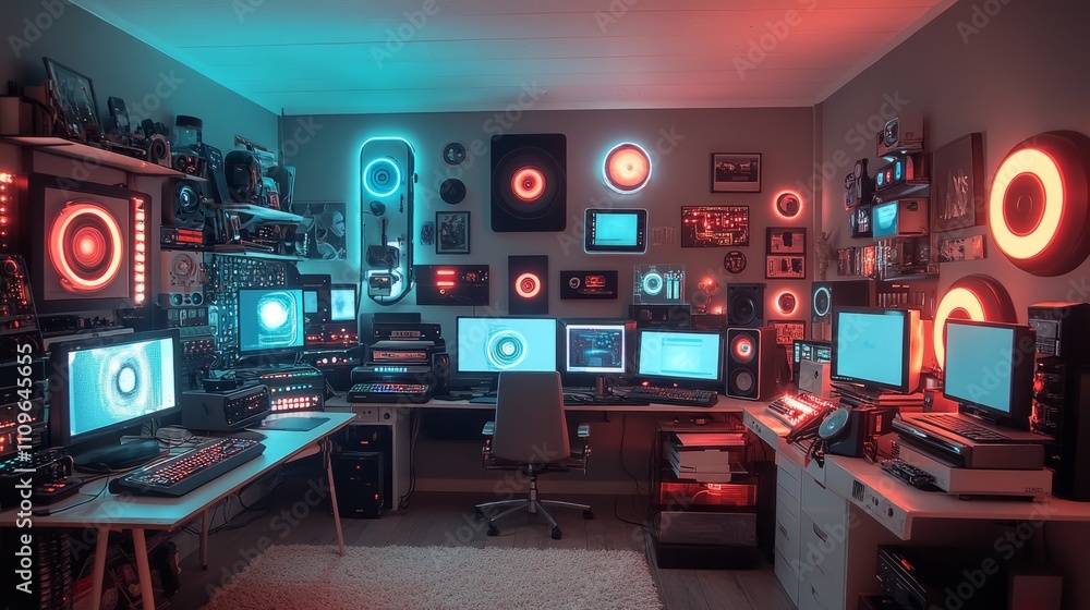 A stunning tech workstation with neon lights and multiple monitors ...
