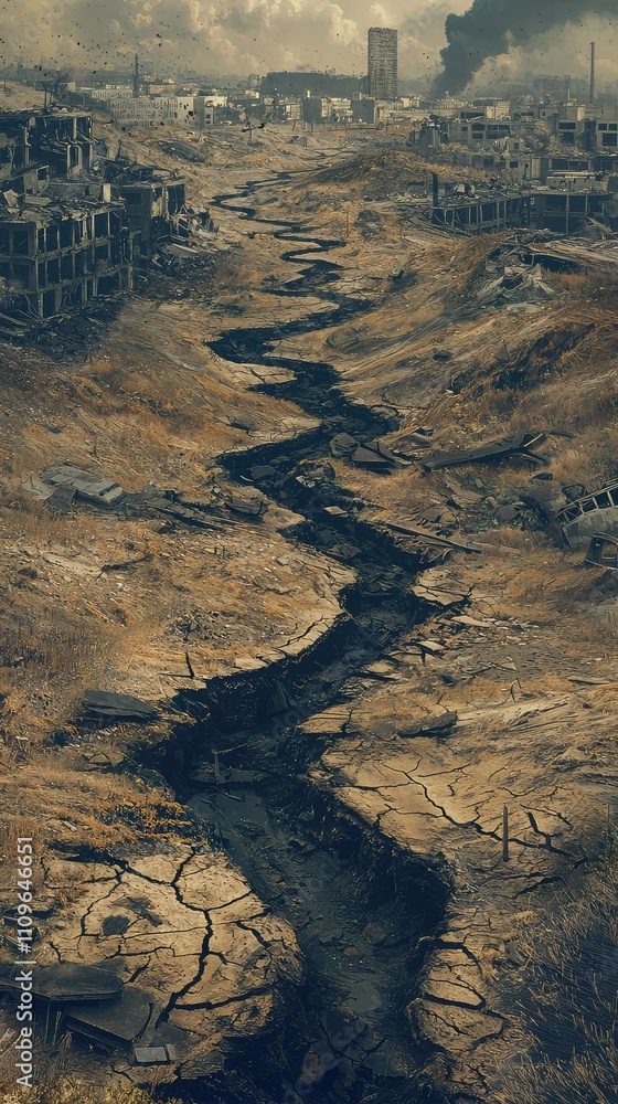 Desolate Urban Landscape Following Devastation, Depicting Cracked Earth ...