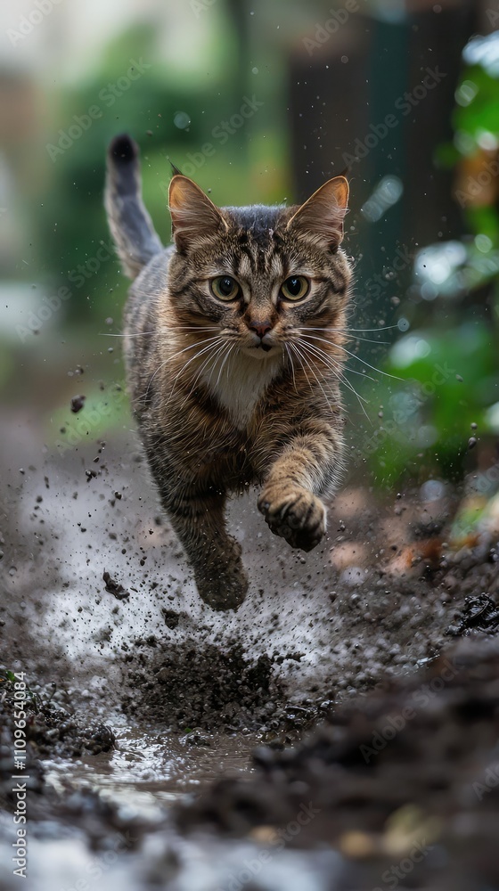 Energetic Tabby Cat Sprinting Through Muddy Path with Water Splash ...
