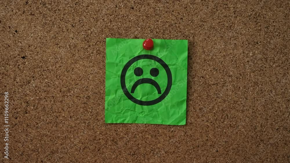 A green adhesive note with sad face on it pinned to a cork board ...