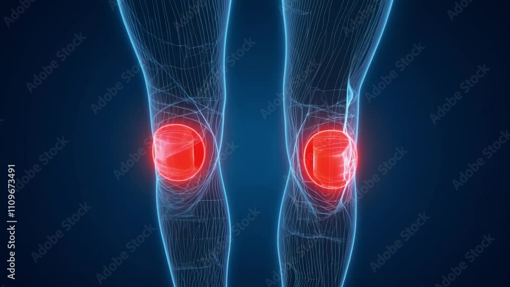 Pair of knees with red dots on them. The knees are shown in a blue and ...