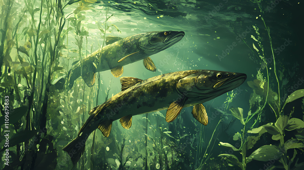 Female pike and two male pikes concealed among river vegetation, female ...