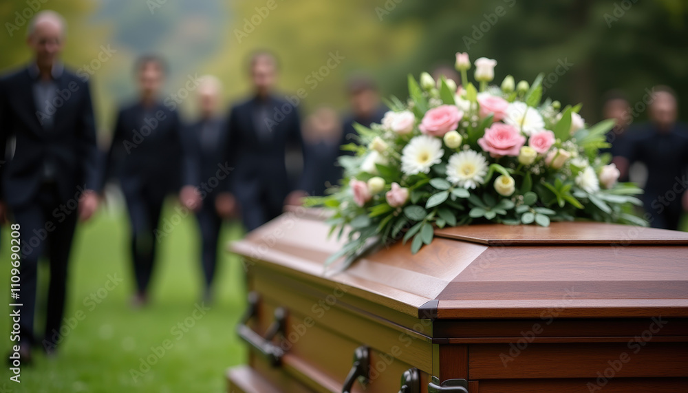 Casket adorned with flowers at a cemetery, where families come together ...