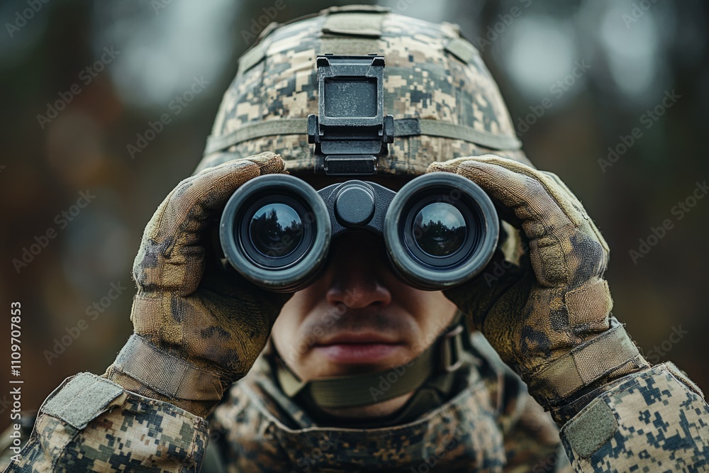 Soldier wearing camouflage uniform and gloves using binoculars on a ...