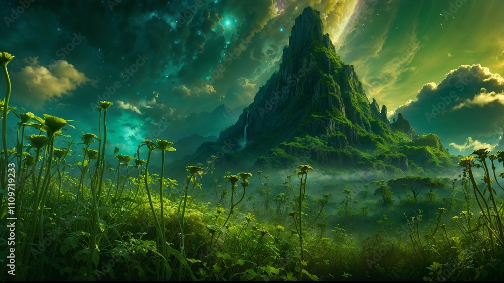 Detailed fantasy landscape planet tundra flowers in the glowing starry ...