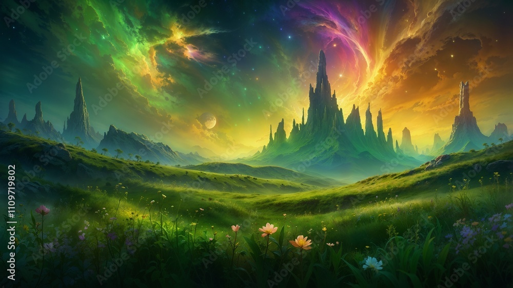 Detailed fantasy landscape planet tundra flowers in the glowing starry ...