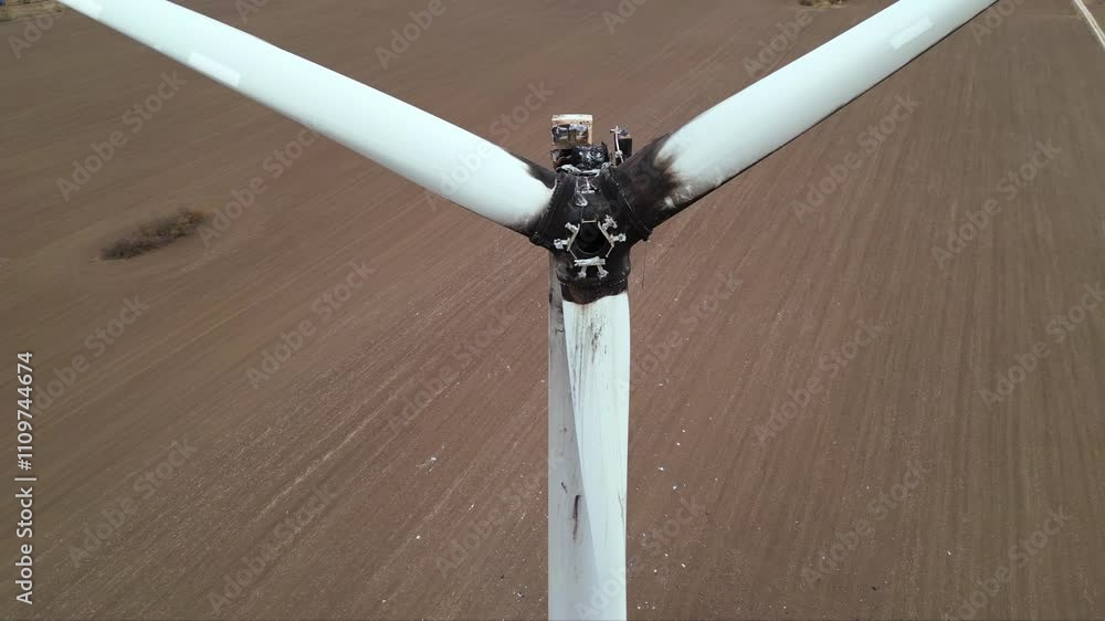 Close up footage of a burned down wind turbine generator. Lightning ...