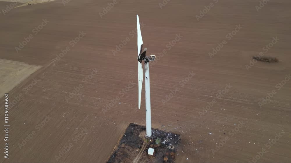 Close up footage of a burned down wind turbine generator. Lightning ...