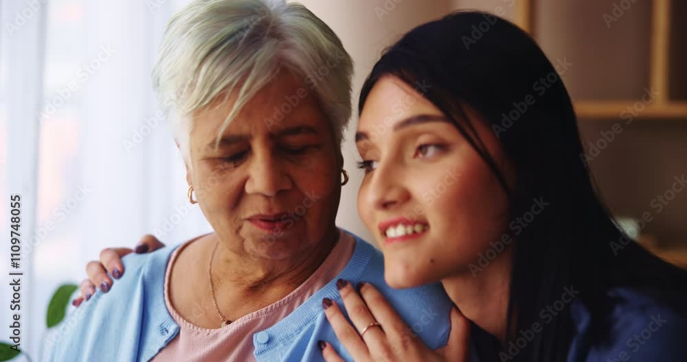 Hug, grandma and woman with support, care and remember of loss, widow ...